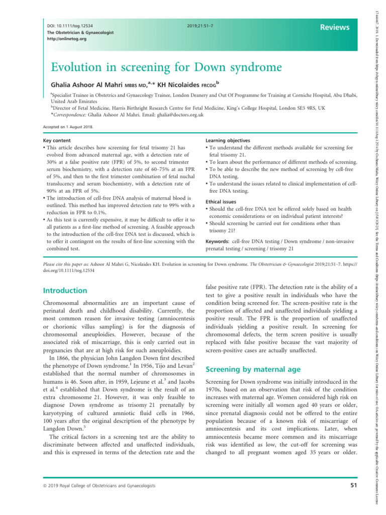 TOG Evolution in Screening For Down Syndrome | PDF | Twin | Down Syndrome