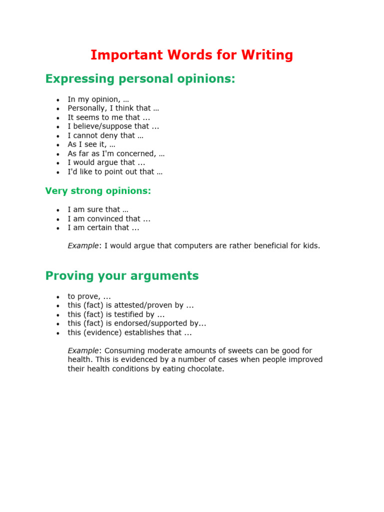 Important Words For Writing: Expressing Personal Opinions | PDF | Wellness