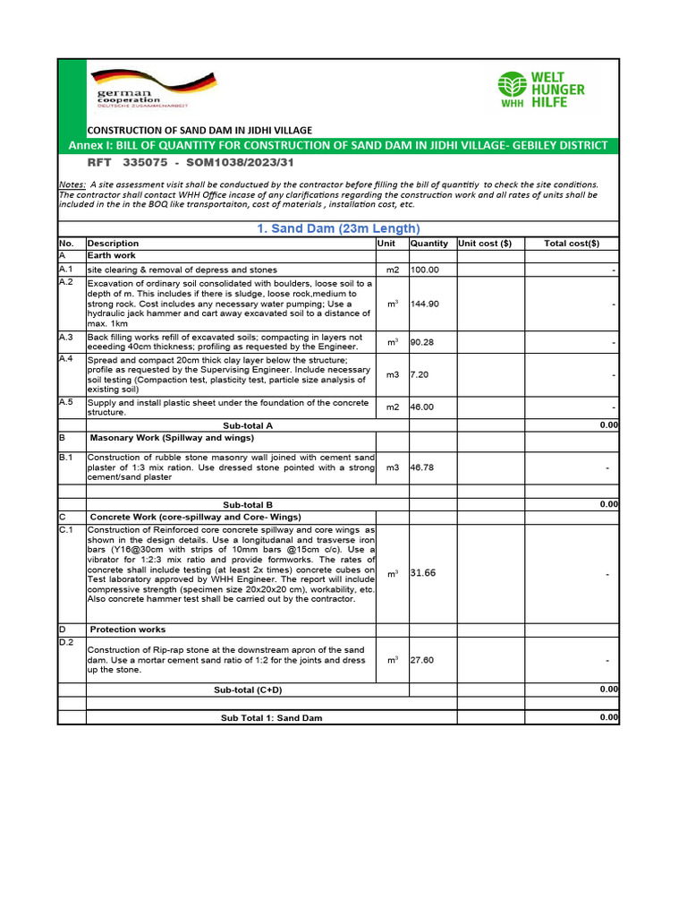 Annex I BOQ For Construction of Sand Dam and Mini Water Supply System | PDF | Concrete | Dam