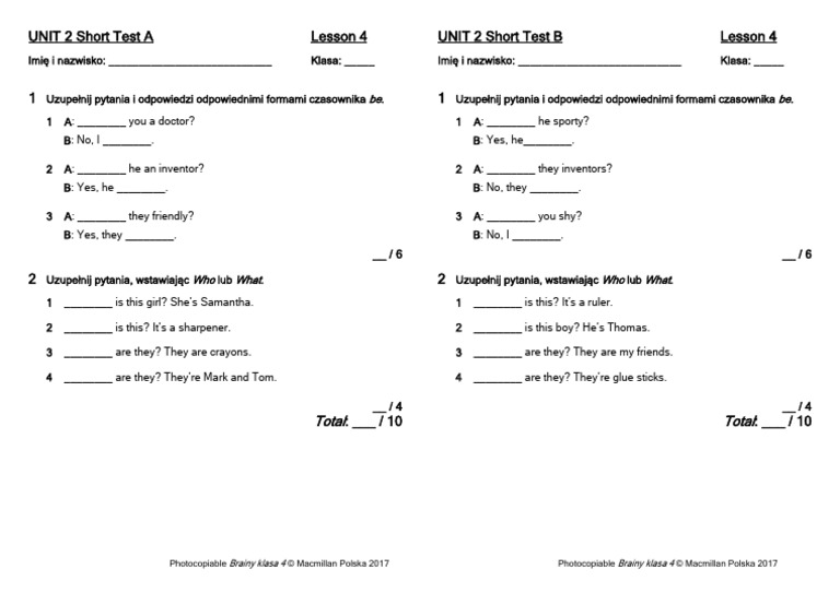 Brainy kl4 Short Tests Unit 2 Lesson 4 | PDF