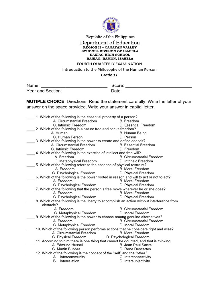 4th-QUARTER-EXAM-Intro-to-Philo......... | PDF | Society | Free Will