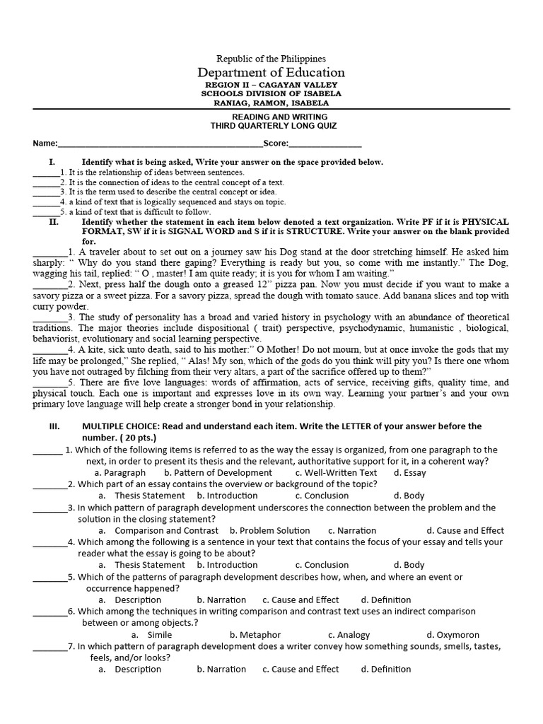 Third Quarterly Long Quiz: Reading Skills | PDF