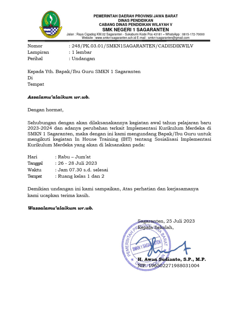 Undangan IHT Kurikulum Merdeka SMK Sagaranten | PDF