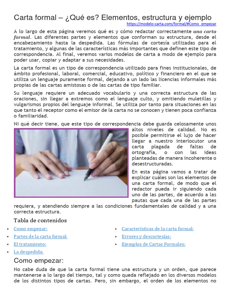 Estructura y elementos de una carta formal | PDF