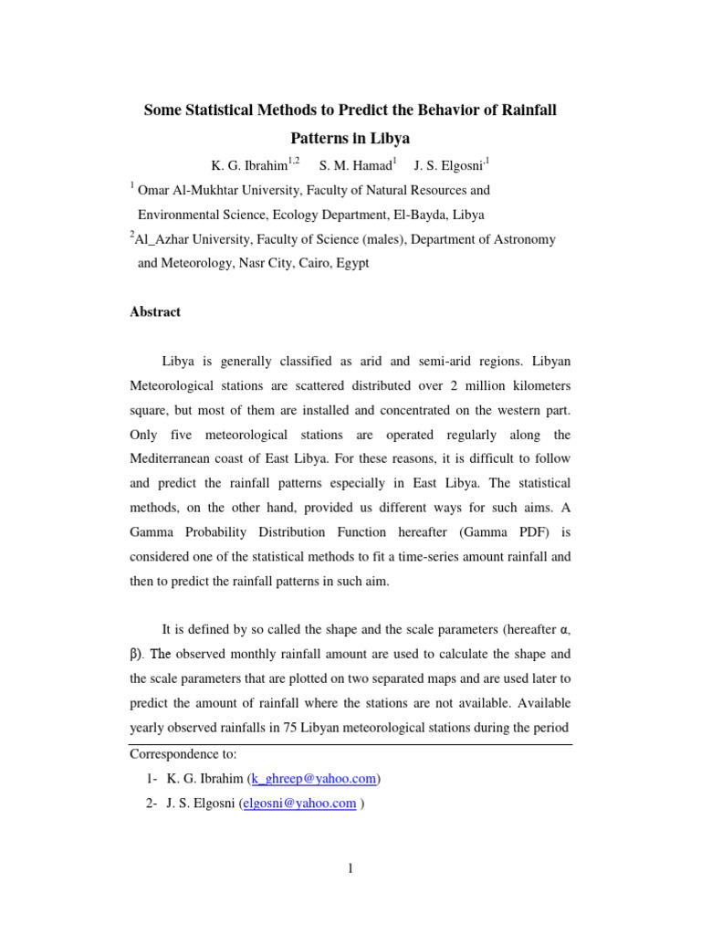 Some Statistical Methods To Predict The Behavior of Rainfall Patterns ...