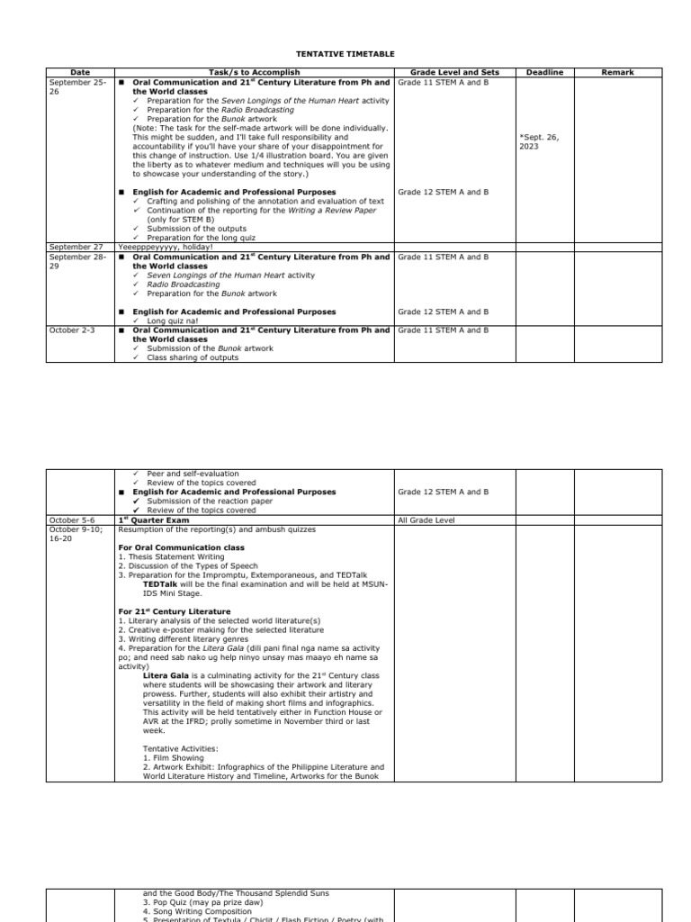 TENTATIVE TIMETABLE For The SEPTEMBER OCTOBER ACTIVITIES | PDF ...