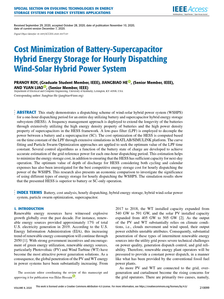 Cost Minimization of Battery-Supercapacitor Hybrid Energy Storage For ...