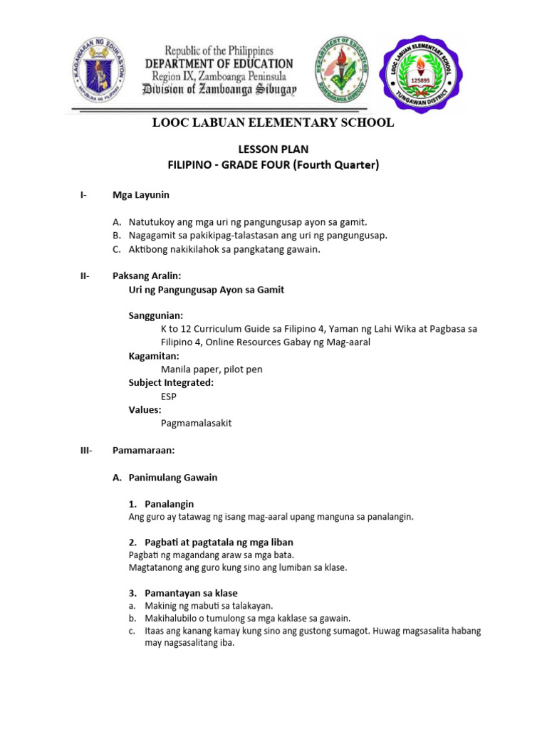 Looc Labuan Elementary School Lesson Plan FILIPINO - GRADE FOUR (Fourth ...