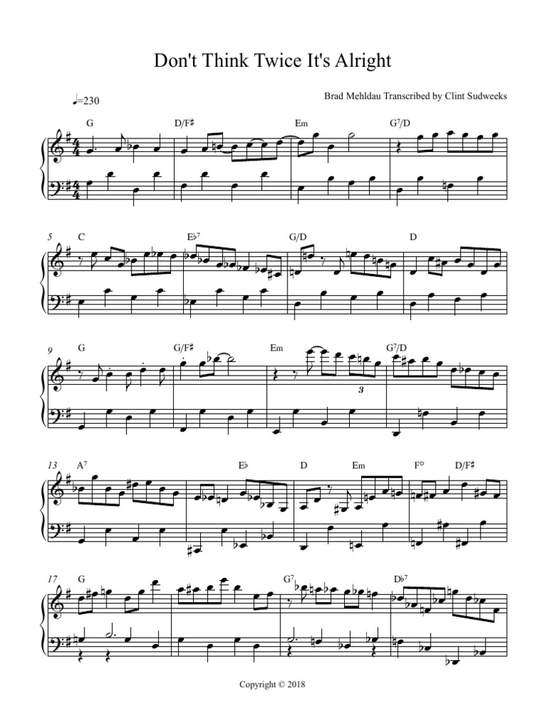 Don't Think Twice It's Alright Transcription - Full Score | PDF