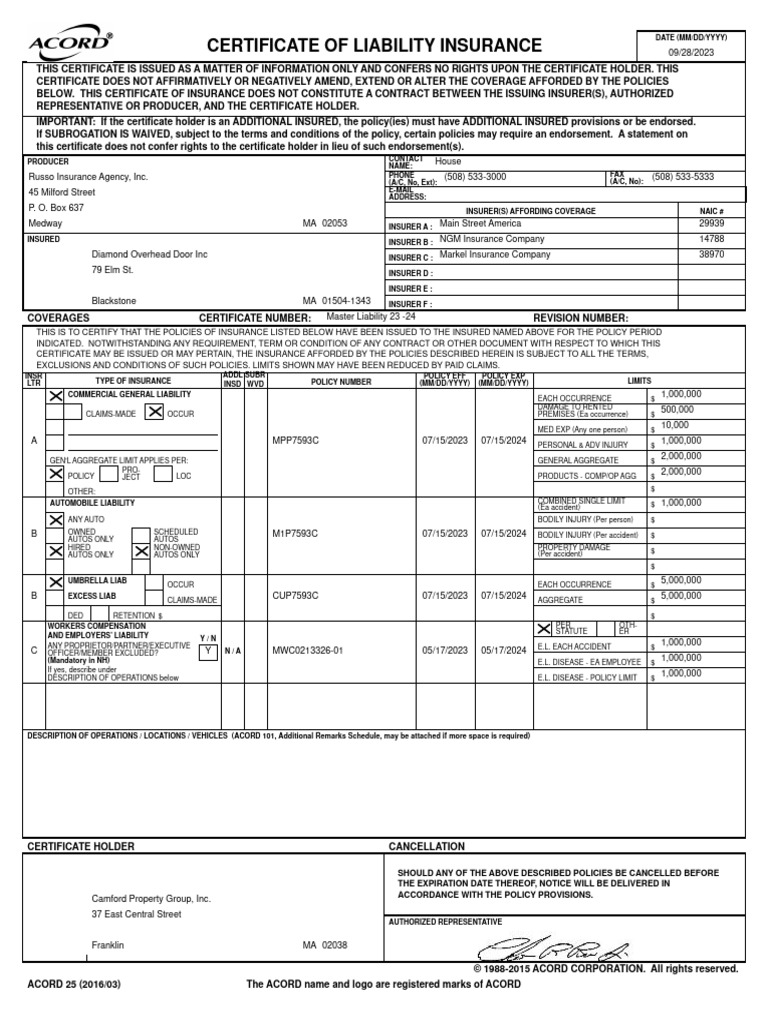 ACORD Form 20230928-135956 | PDF | Insurance | Liability Insurance