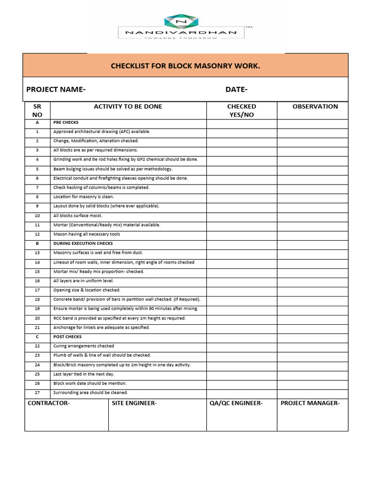 Block Masonry Work Inspection Checklist | PDF | Technology & Engineering
