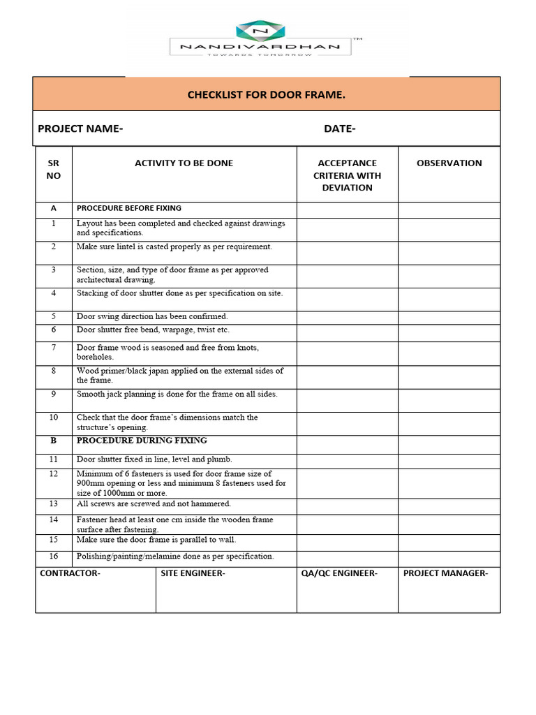 Checklist For Door Frame | PDF