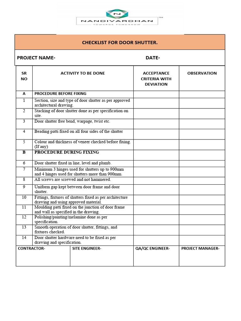 Checklist For Door Shutters | PDF