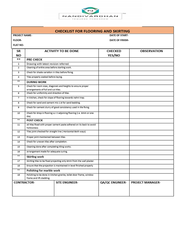 Checklist For Flooring and Skirting | PDF