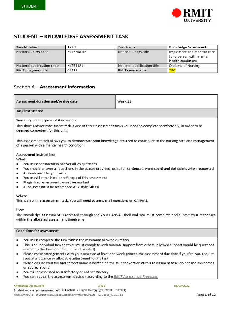 Knowledge Assessment - HLTENN042 - Task1 - Student - 220301 | PDF