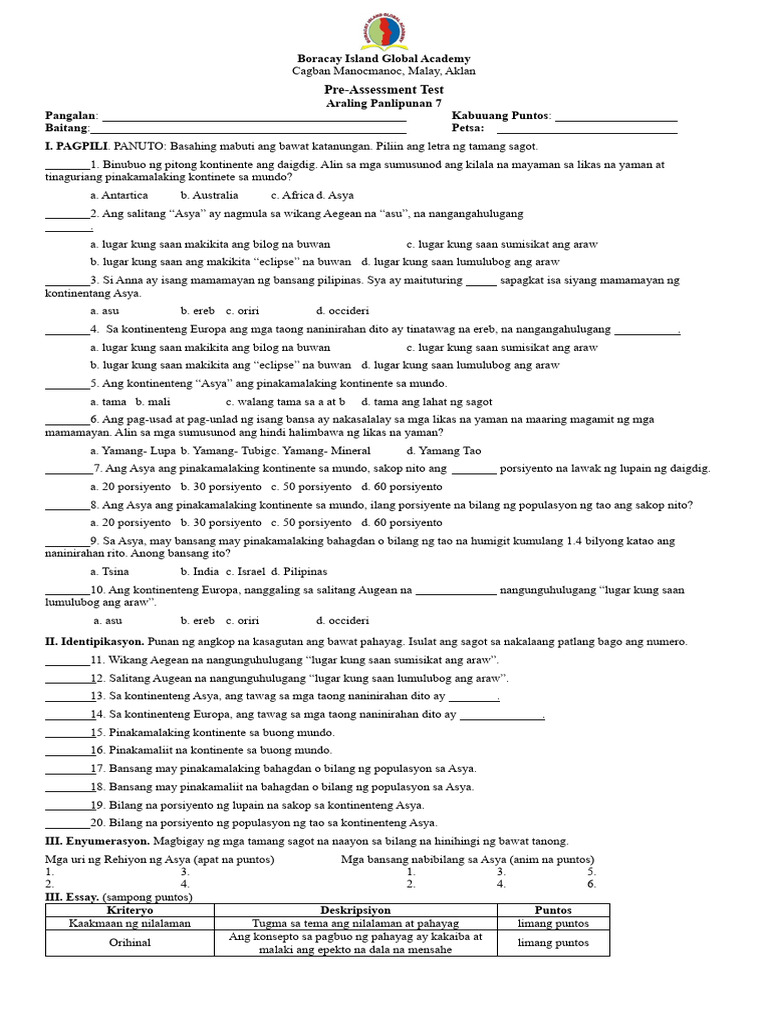 Pre Assessment Test - Grade 7 Araling Panlipunan 2023 | PDF