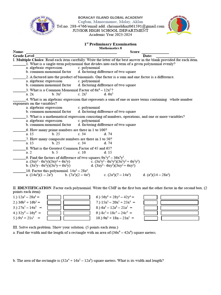 1st Preliminary Examination - Grade 8 Math 2023 | PDF | Factorization | Polynomial