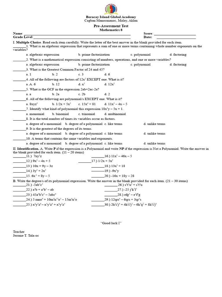 Pre Assessment Test - Grade 8 Math 2023 | PDF | Factorization | Polynomial