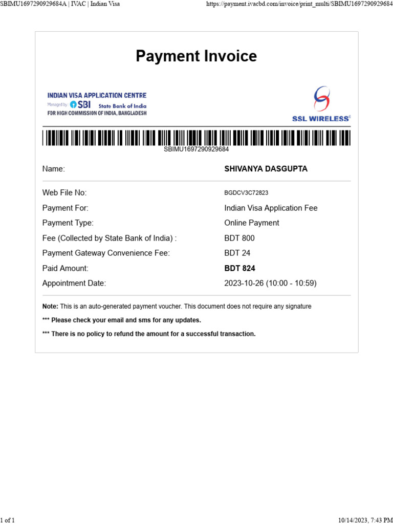 Indian Visa Application Payment Invoice | PDF | Finance & Money Management