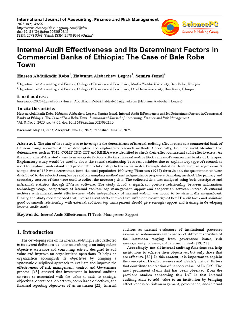 Internal Audit Effectiveness and Its Determinant Factors in Commercial Banks of Ethiopia: The ...