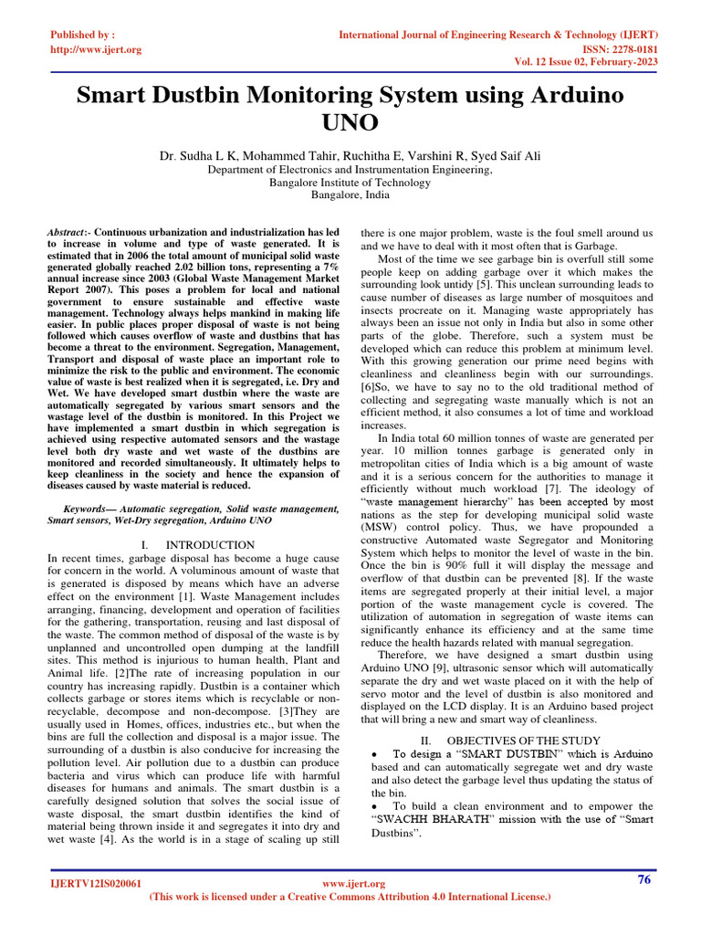 Smart Dustbin Monitoring System Using Arduino Uno IJERTV12IS020061 | PDF