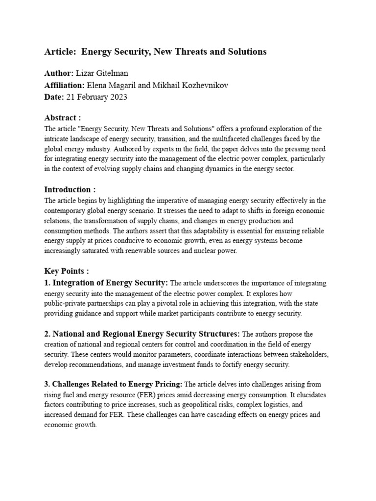Article - Energy Security, New Threats and Solutions | PDF | Energy ...