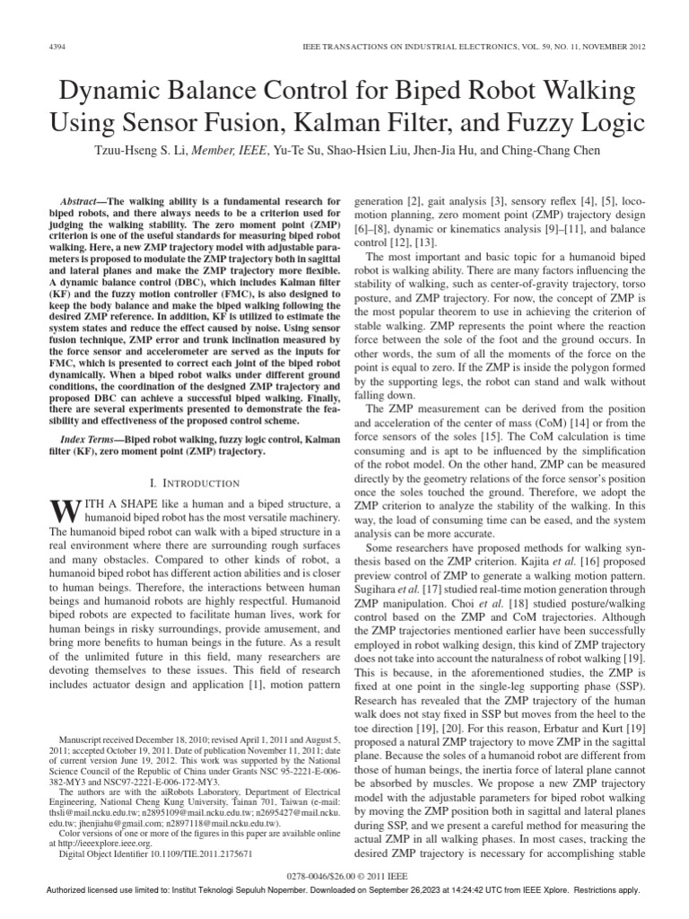 Dynamic Balance Control For Biped Robot Walking Using Sensor Fusion Kalman Filter and Fuzzy ...