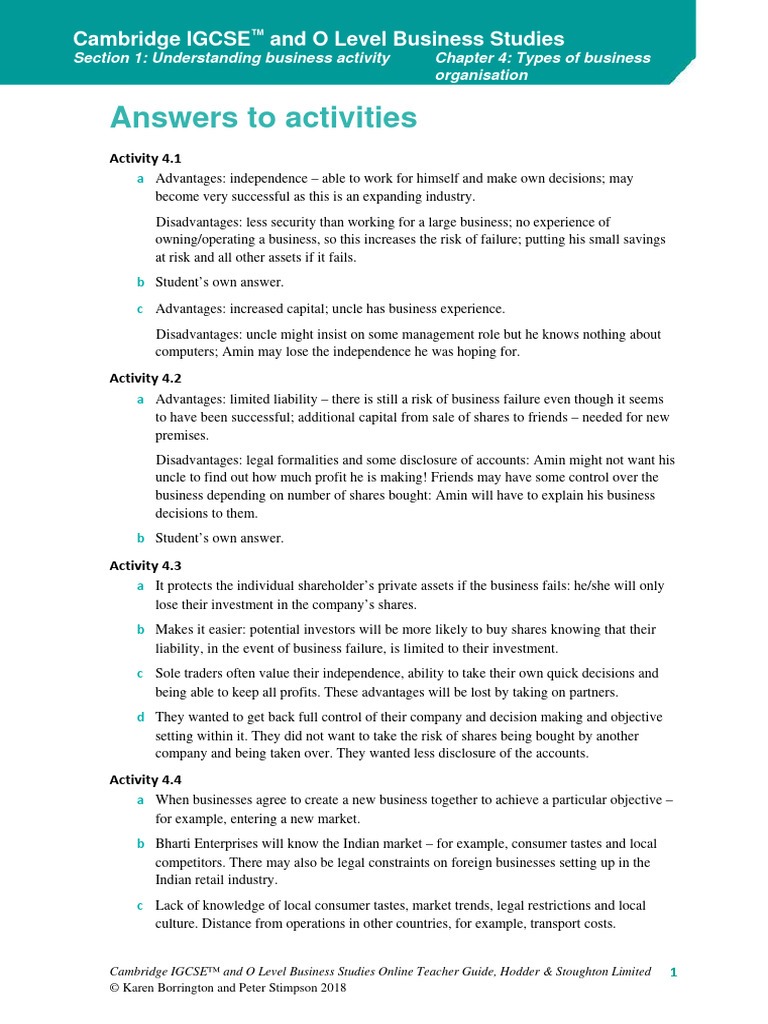 Chapter 4 Types of Business Organisation - Answers To Activities | PDF ...