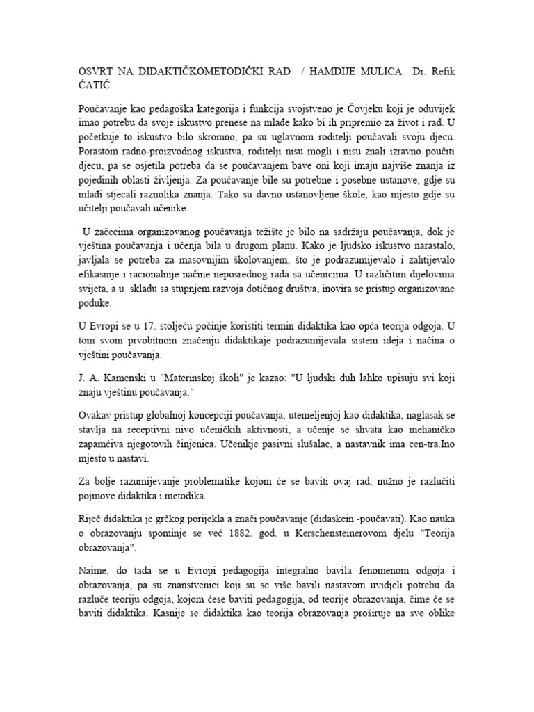 Osvrt Na Didaktičko-Metodicki Rad Hamdije Mulica Refik Ćatić | PDF