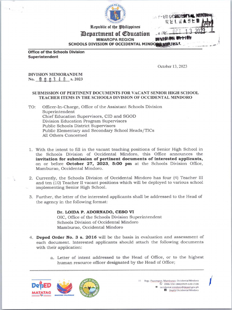 DM No. 348 S. 2023 Submission of Pertinent Documents For Vacant Senior ... DM No. 348 S. 2023 Submission of Pertinent Documents For Vacant Senior ...