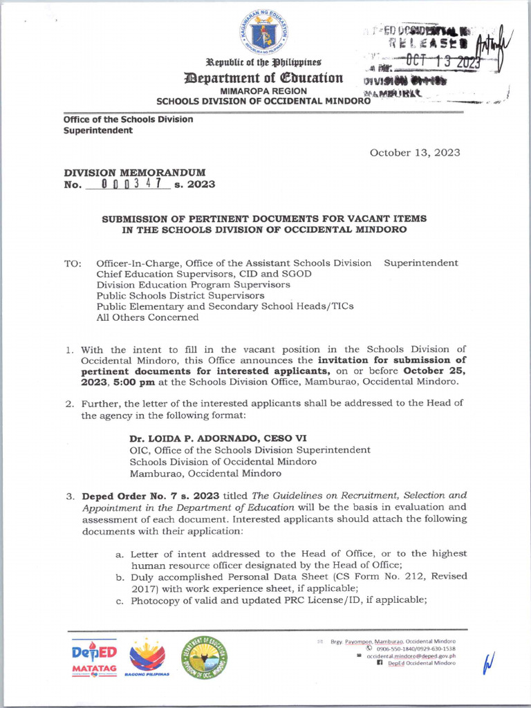 DM No. 347 S. 2023 Submission of Pertinent Documents For Vacant Items ... DM No. 347 S. 2023 Submission of Pertinent Documents For Vacant Items ...