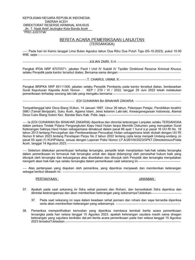 Lanjutan Bap Tersangka Edi Gunawan | PDF