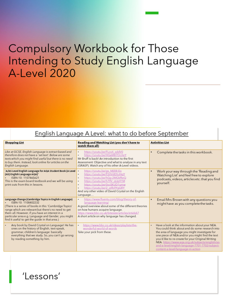 Compulsory Workbook For Those Intending To Study English Language A ...