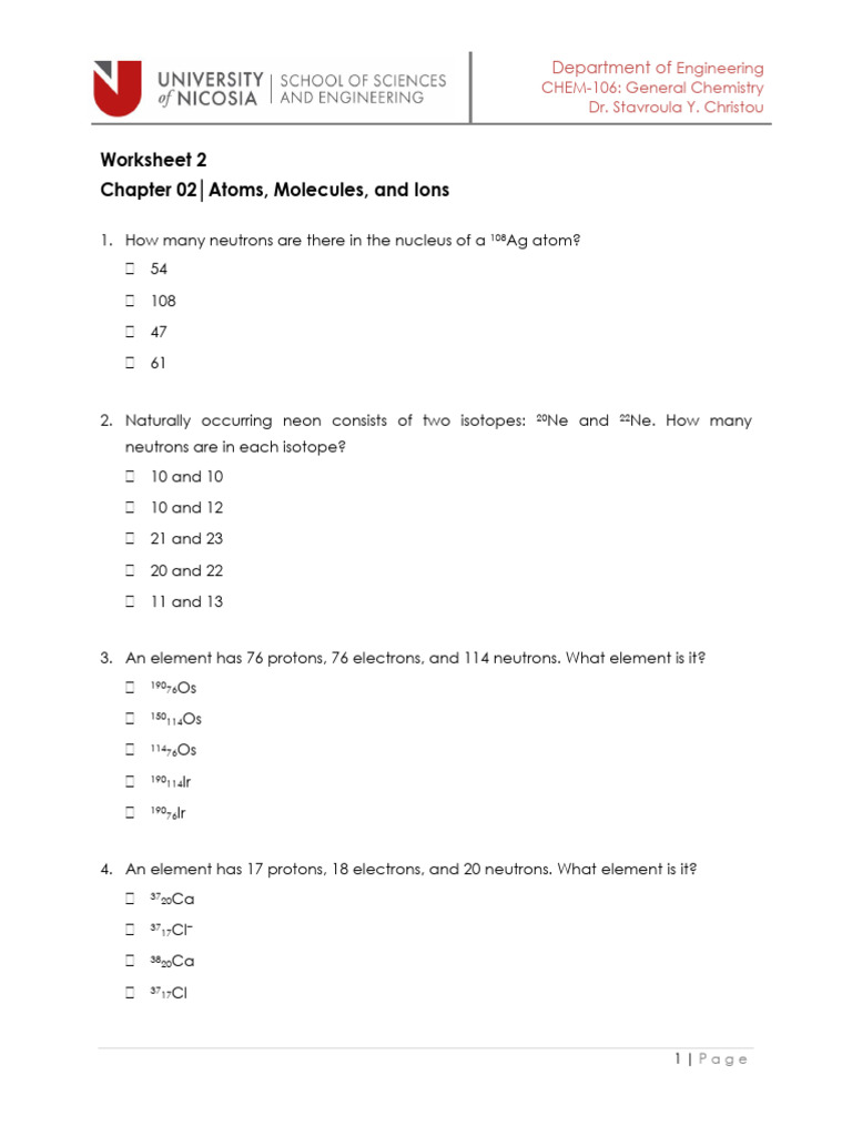 Worksheet 2. Atoms Molecules and Ions | PDF