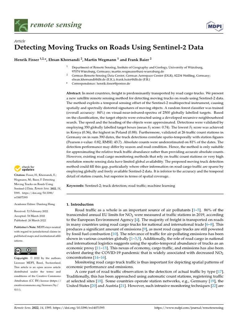 Remote Sensing - Detecting Moving Trucks On Roads Using Sentinel-2 Data | PDF | Remote Sensing ...