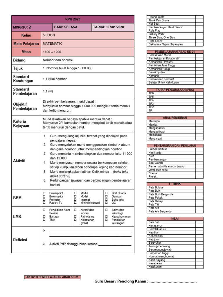 RPH MT Tahun 5 2020 | PDF