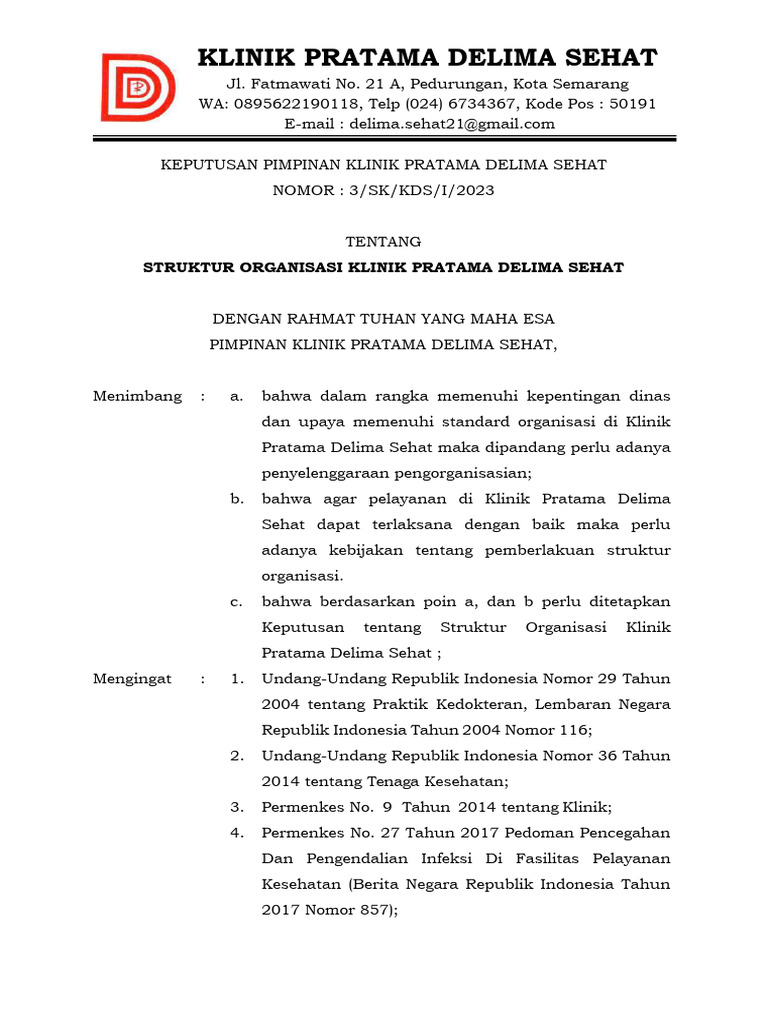 Struktur Organisasi Klinik Delima Pdf Sains Matematika