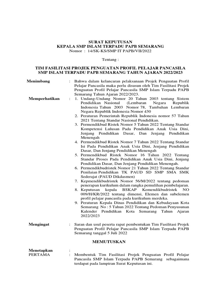 SK Tim Fasilitasi Projek Profil Pelajar Pancasila (p5) | PDF | Karier ...