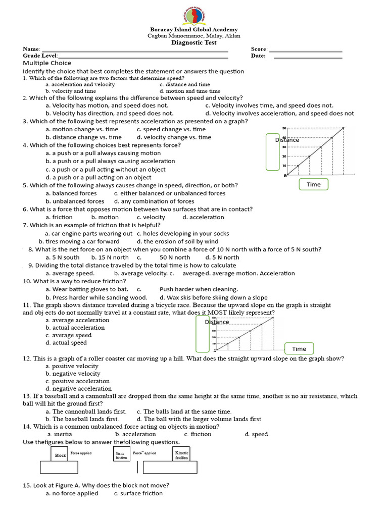 Diagnostic Test - Grade 12 Physical Science 2023 | PDF