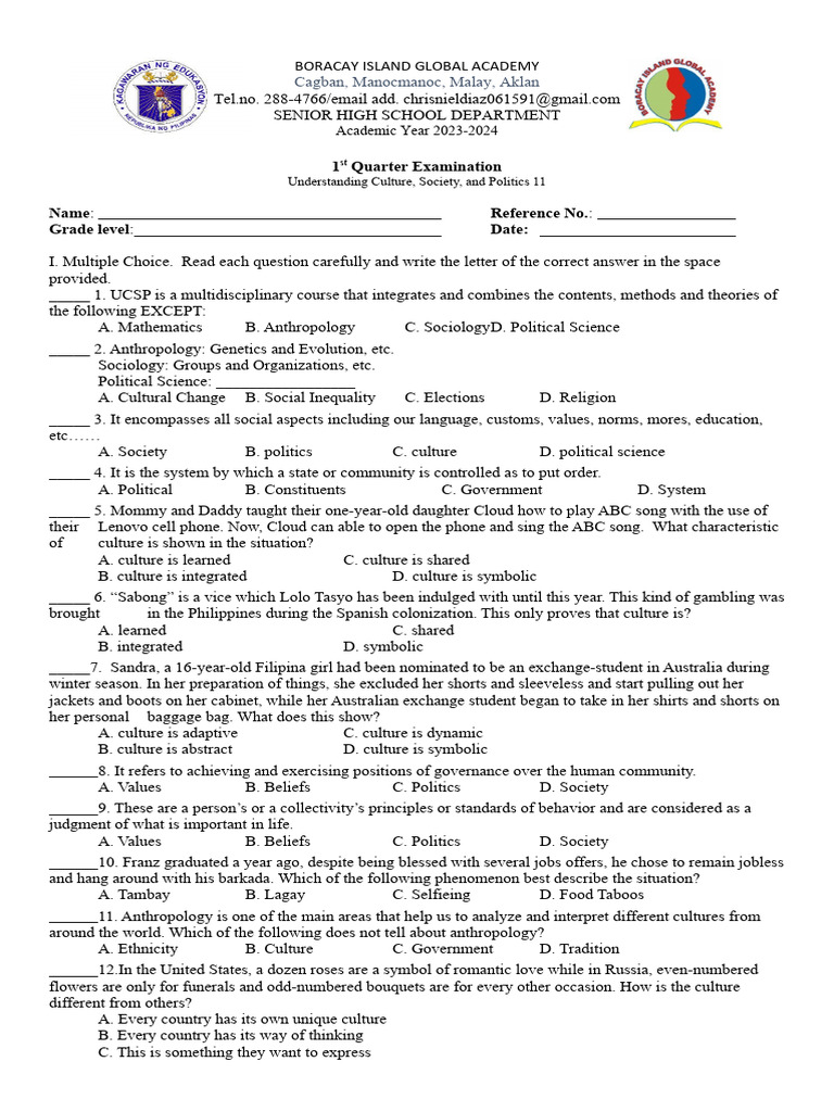 1st Quarter Examination - Grade 11 UCSP 2023 | PDF