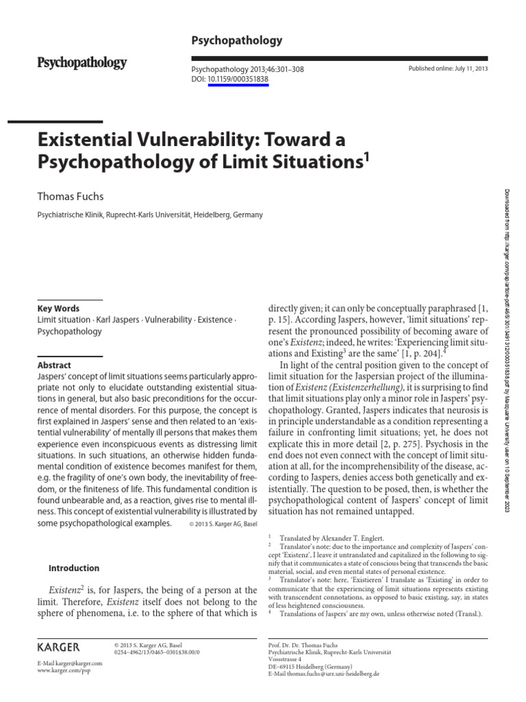 Existential Vulnerability: Toward A Psychopathology of Limit Situations ...