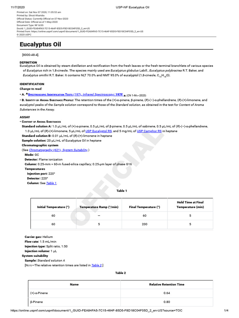 USP-NF Eucalyptus Oil | PDF | Chromatography | Chemistry