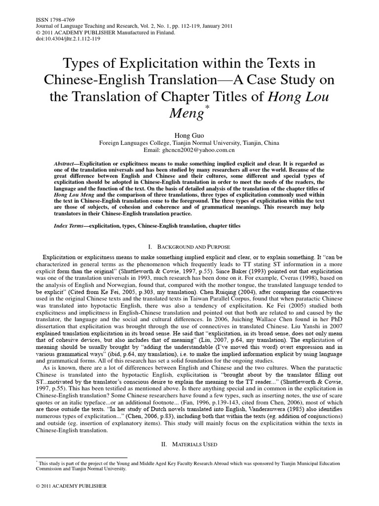 Types of Explicitation Within The Texts in Chinese-English Translation ...