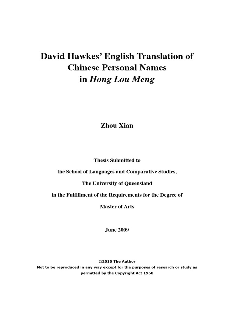David Hawkes' English Translation of Chinese Personal Names in Hong Lou ...