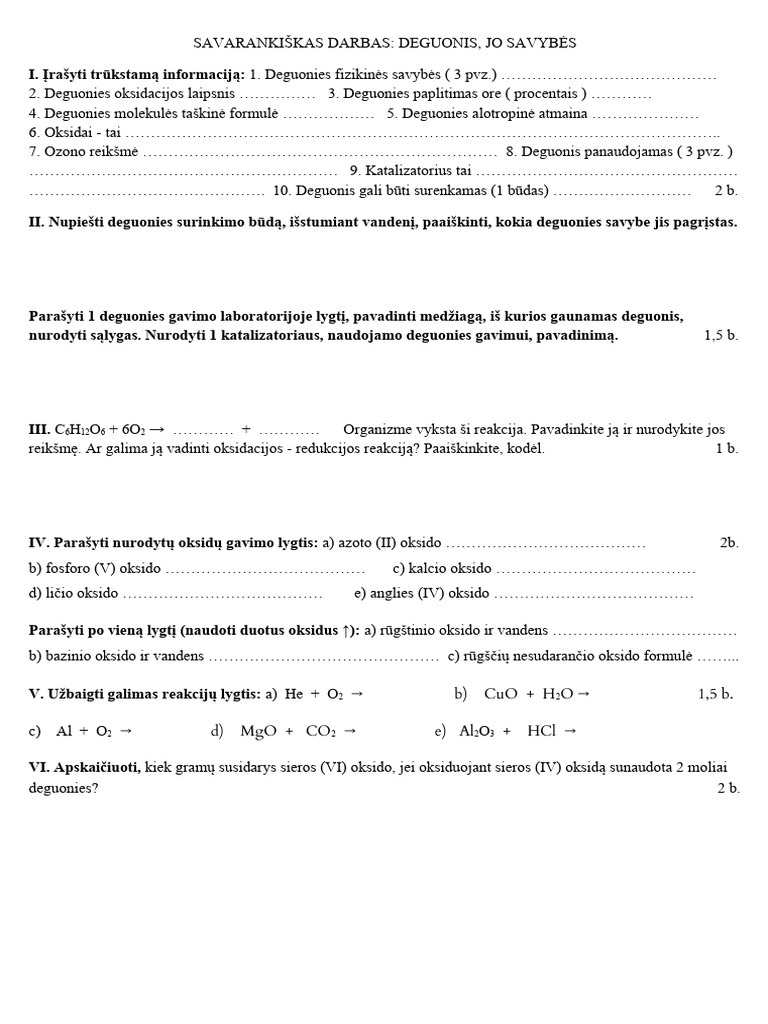 10 Kl. SAVARANKIŠKAS DARBAS - DEGUONIS, JO SAVYBĖS | PDF