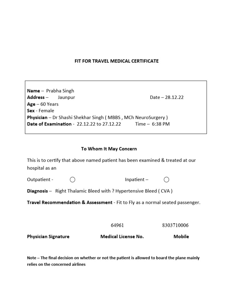 Fit For Fly Medical Certificate | PDF | Self-Improvement | Wellness