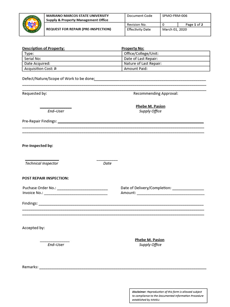 SPMO FRM 006 Pre Inspection Report | PDF | Business