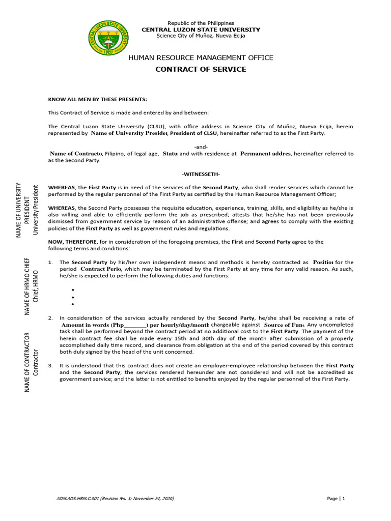 2021 Contract of Service Form (Legal Size) | PDF