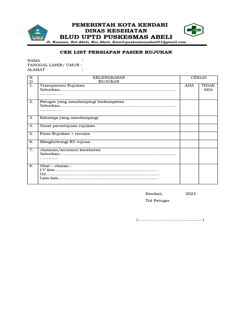 Lembar Ceklist Pasien Rujukan | PDF