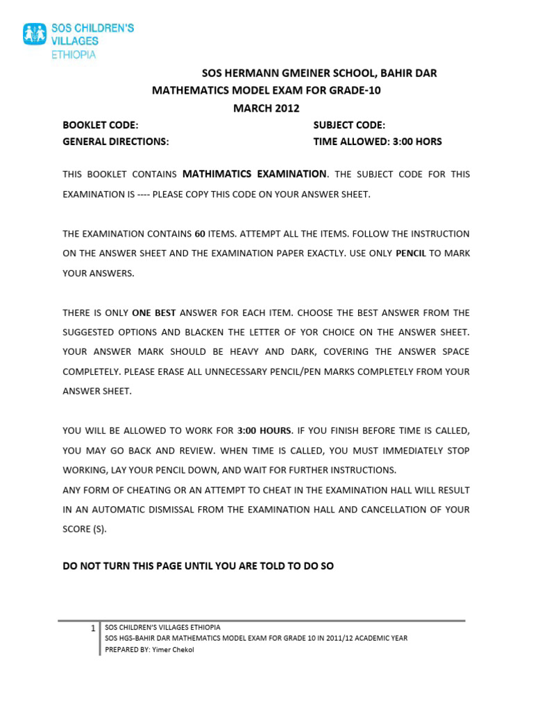 G-10 Math Sos Hermann Gmeiner School | PDF | Equations | Quadratic Equation